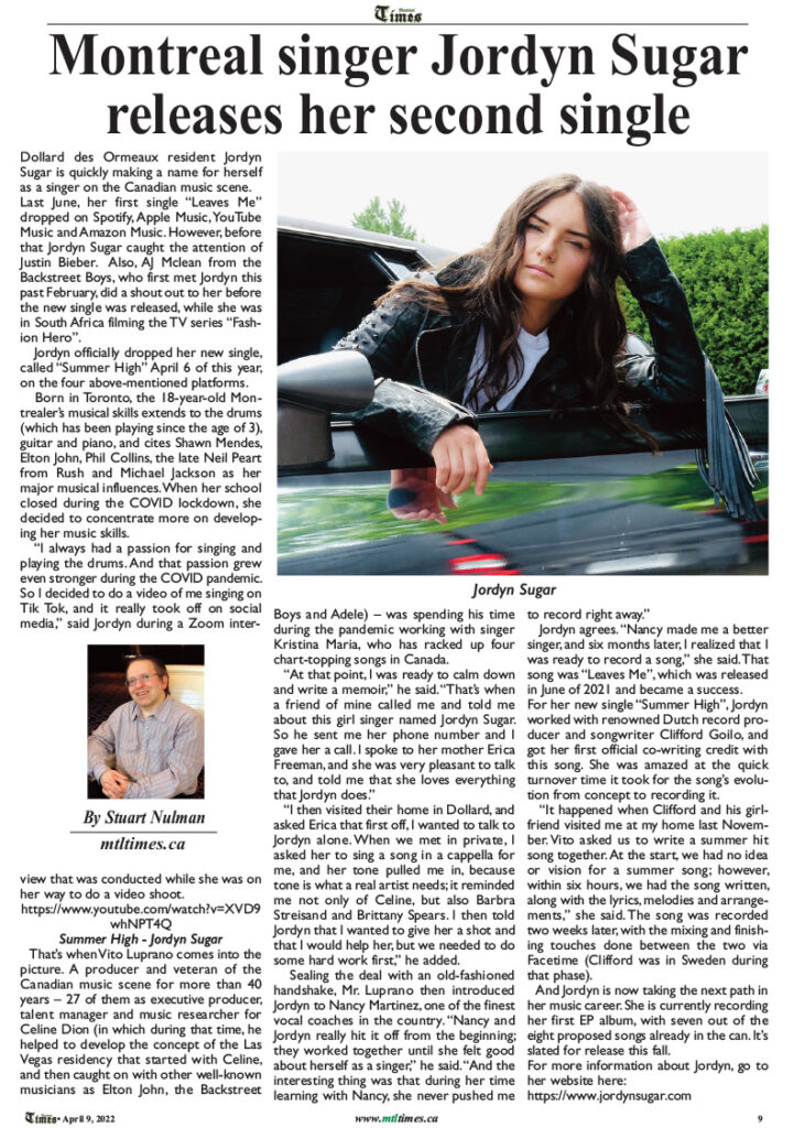 Montreal singer Jordyn Sugar releases her second single Montreal Times